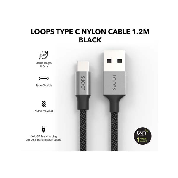 KABEL USB A TO USB C LOOPS 1,2M BLACK | MDP - IT and Electronic Superstore